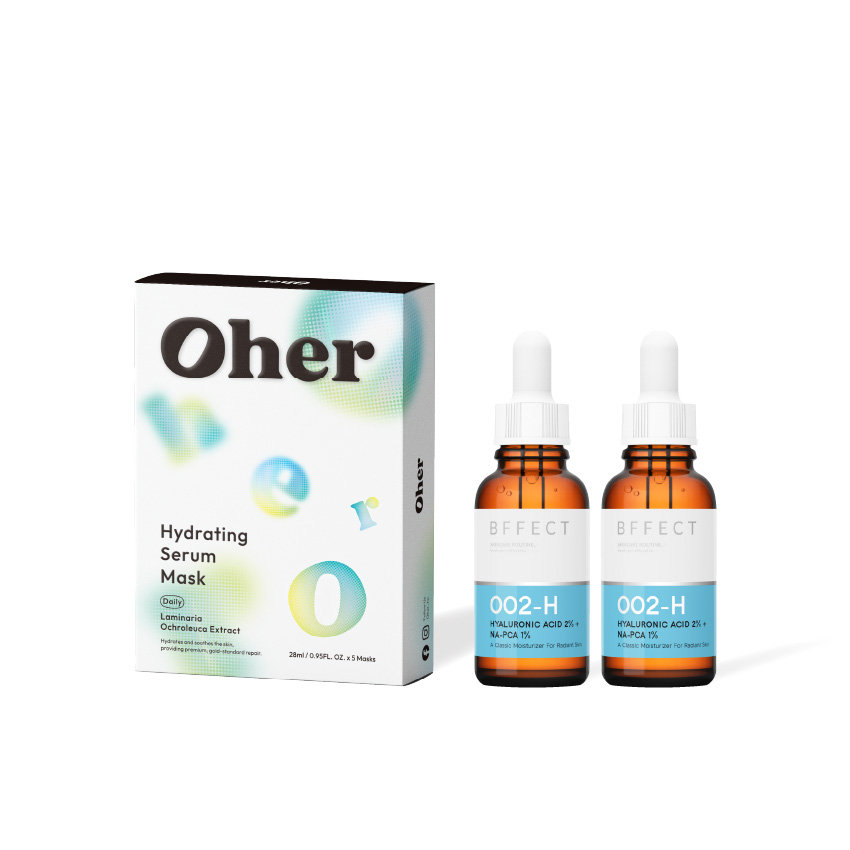 【Bffect x Oher】 明星商品聯名-舒緩修護大組合｜限時優惠79折-玻尿酸水水瓶 30ml*2 + 黃金海藻水嫩面膜盒裝5片 | 熱銷推薦 | 芮偲企業有限公司