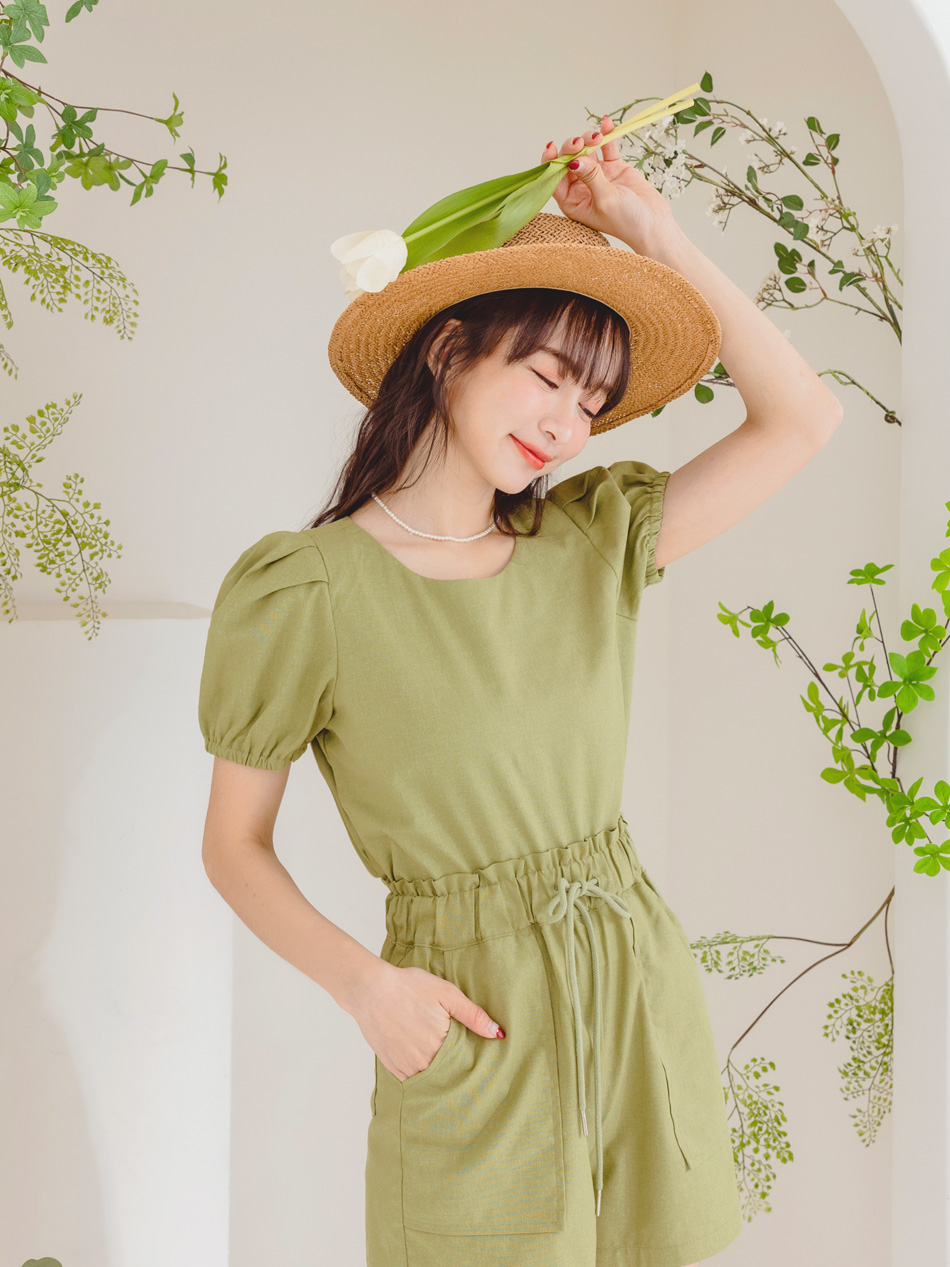 棉麻度假套裝小墊肩拋袖上衣(2色)